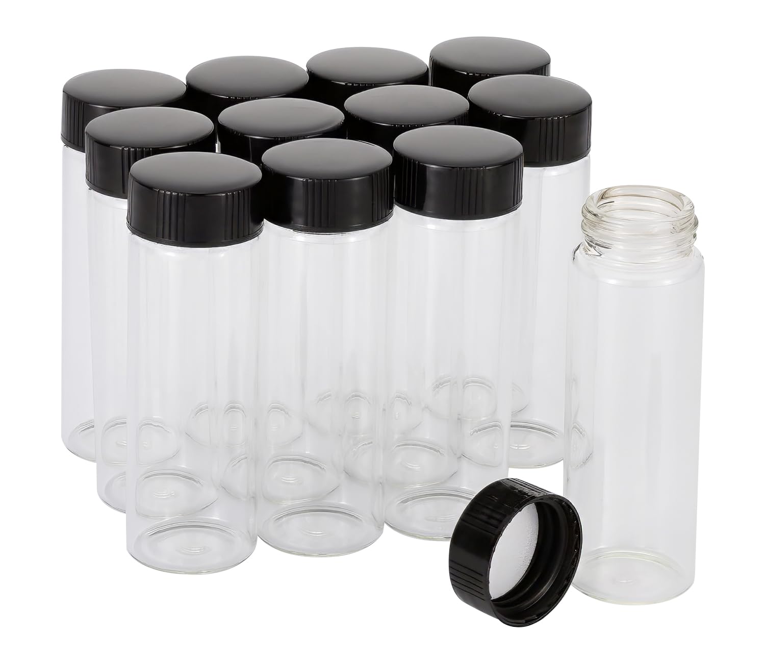 Kesell 12 Pack of 3 inches, 30 ML, Clear Glass Bottles Storage Container Sample Cosmetic Vials with Black Screw Caps