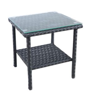 Rattaner Outdoor PE Wicker Rattan Side Table - Patio Rattan Garden Coffee End Square Table with Glass Top-2-layer Table Furniture, Black