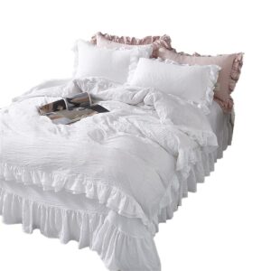 moowoo ruffle duvet cover set, soft and breathable washed microfiber 3pcs bedding set, shabby chic farmhouse duvet cover and pillow shams, zipper closure & corner ties, easy care -(white, queen)