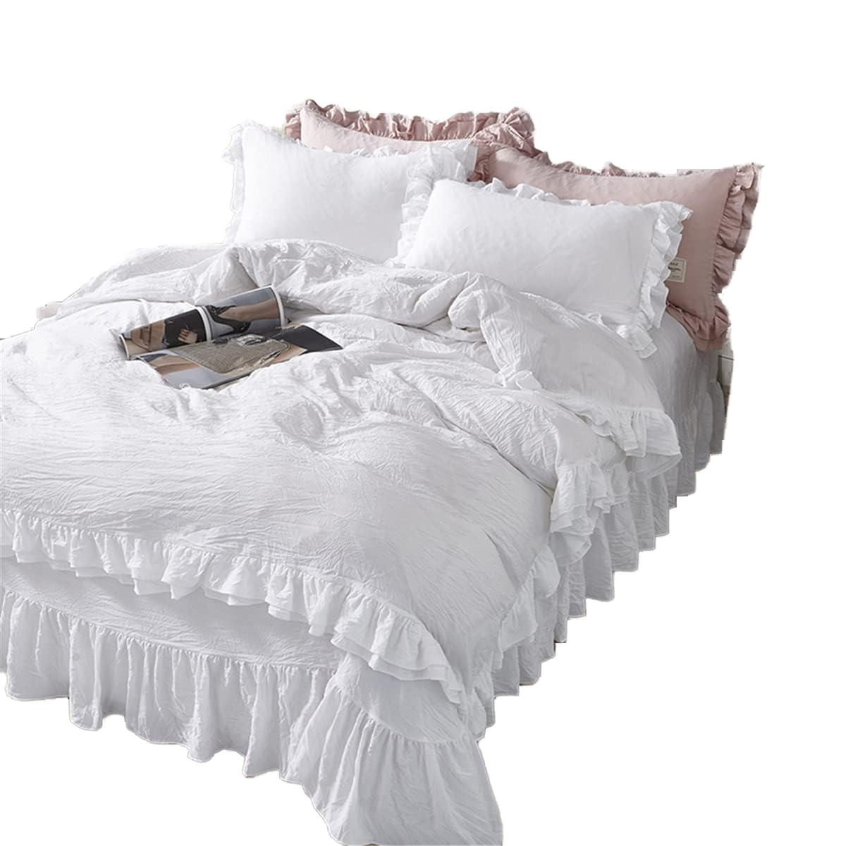 MOOWOO Ruffle Duvet Cover Set, Soft and Breathable Washed Microfiber 3pcs Bedding Set, Shabby Chic Farmhouse Duvet Cover and Pillow Shams, Zipper Closure & Corner Ties, Easy Care -(White, Queen)