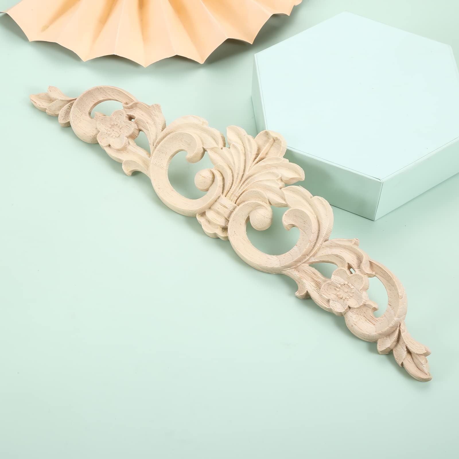 MUXSAM Carved Wood Appliques Onlays, Long Wooden Decals Trim Molding Rosette Inlays for Door Wall Mantel Cabinet Door Dresser Closet Mirror Decoration Furniture Transfer(1-Pack, 20x5cm/7.9" x2)