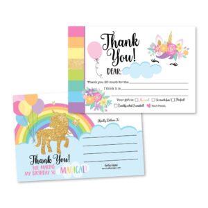 25 unicorn neon rainbow fill in the blank thank you cards, magic star faux glitter themed bday party notes, slumber party girls adult or children birthday, sparkling supplies cloud sparkle glow