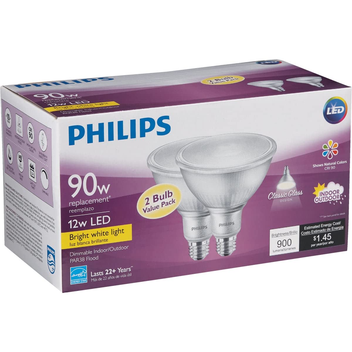 Philips PAR 38 E26 (Medium) LED Floodlight Bulb Bright White 90 Watt Equivalence 2 pk