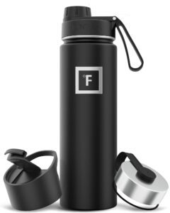 iron °flask camping & hiking hydration flask with 3 lids - stainless steel, double walled & vacuum insulated water bottle - leak proof & bpa free (midnight black, spout - 22 oz)