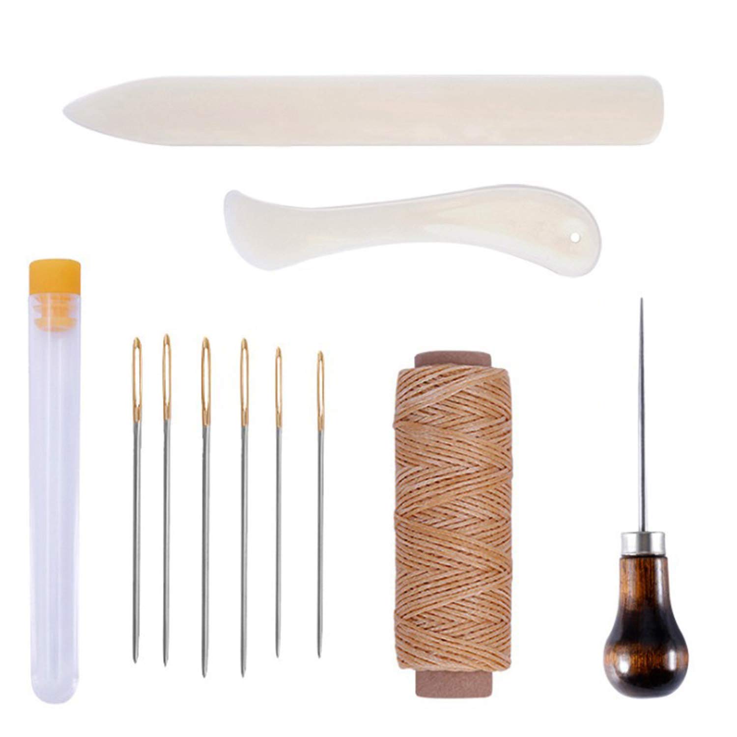 11 Pieces Bookbinding Kit Starter Tools Set Bone Folder Paper Creaser, Waxed Thread, Awl, Large-Eye Needles for DIY Bookbinding Crafts and Sewing Supplies