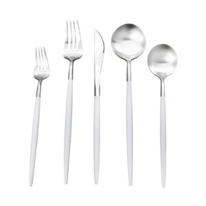 Gugrida White Silver Flatware, Royal 5-Piece Matte White Handle 18/10 Stainless Steel Tableware Sets for 1 Including Forks Spoons Knives, Camping Silverware Travel Utensils Set Cutlery (White Silver)