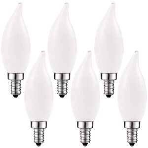 luxrite 5w frosted e12 led bulb 60w equivalent, 2700k warm white, 450 lumens, dimmable candelabra led bulbs, flame tip glass, led candle light bulbs, ul listed (6 pack)