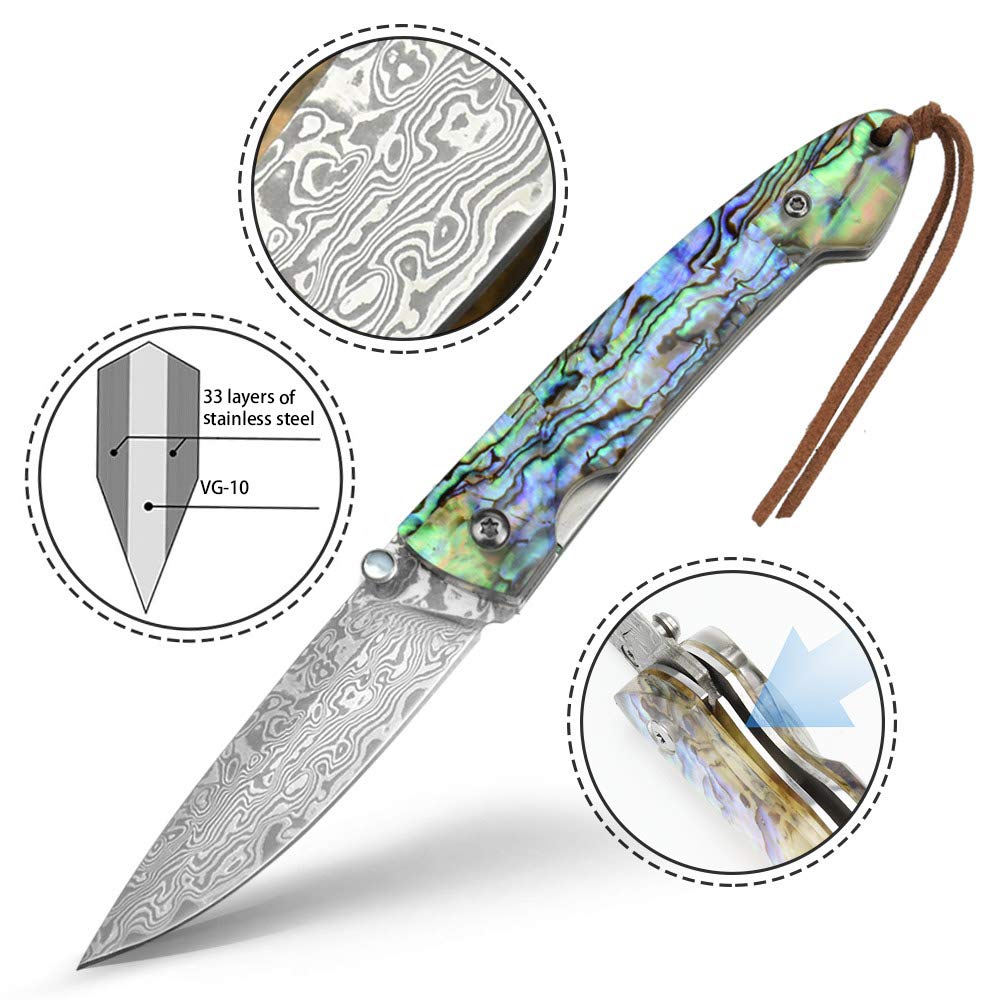 NedFoss Pocket Knife, Damascus Pocket Knife with Abalone Shell Handle, Handmade Forged Damascus Steel Folding Knife with Gift Box, Excellent Gifts for Men Women