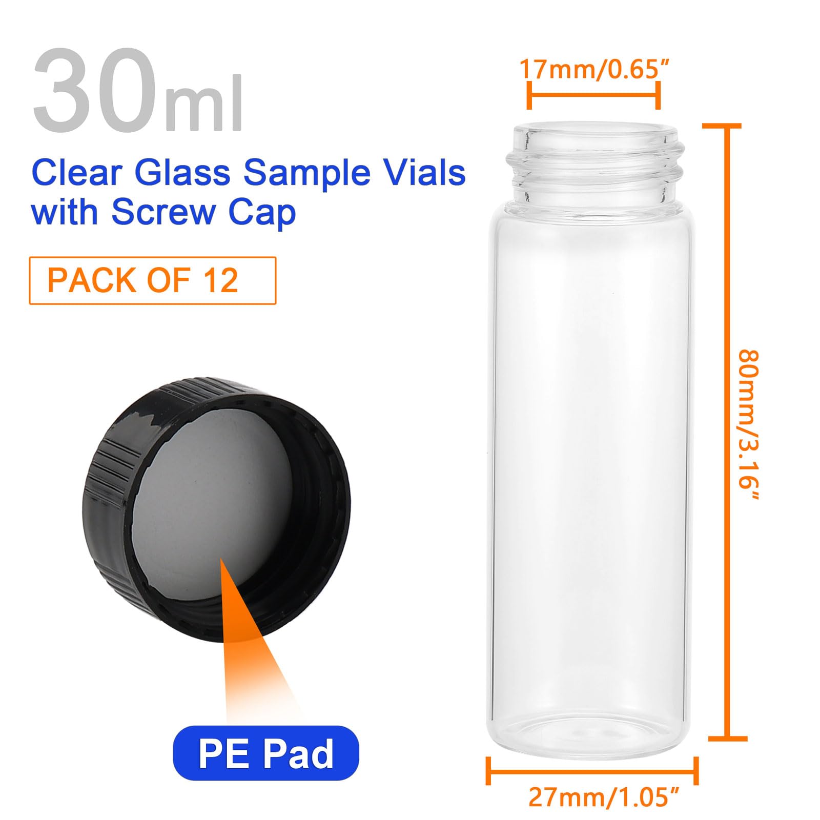 Kesell 12 Pack of 3 inches, 30 ML, Clear Glass Bottles Storage Container Sample Cosmetic Vials with Black Screw Caps