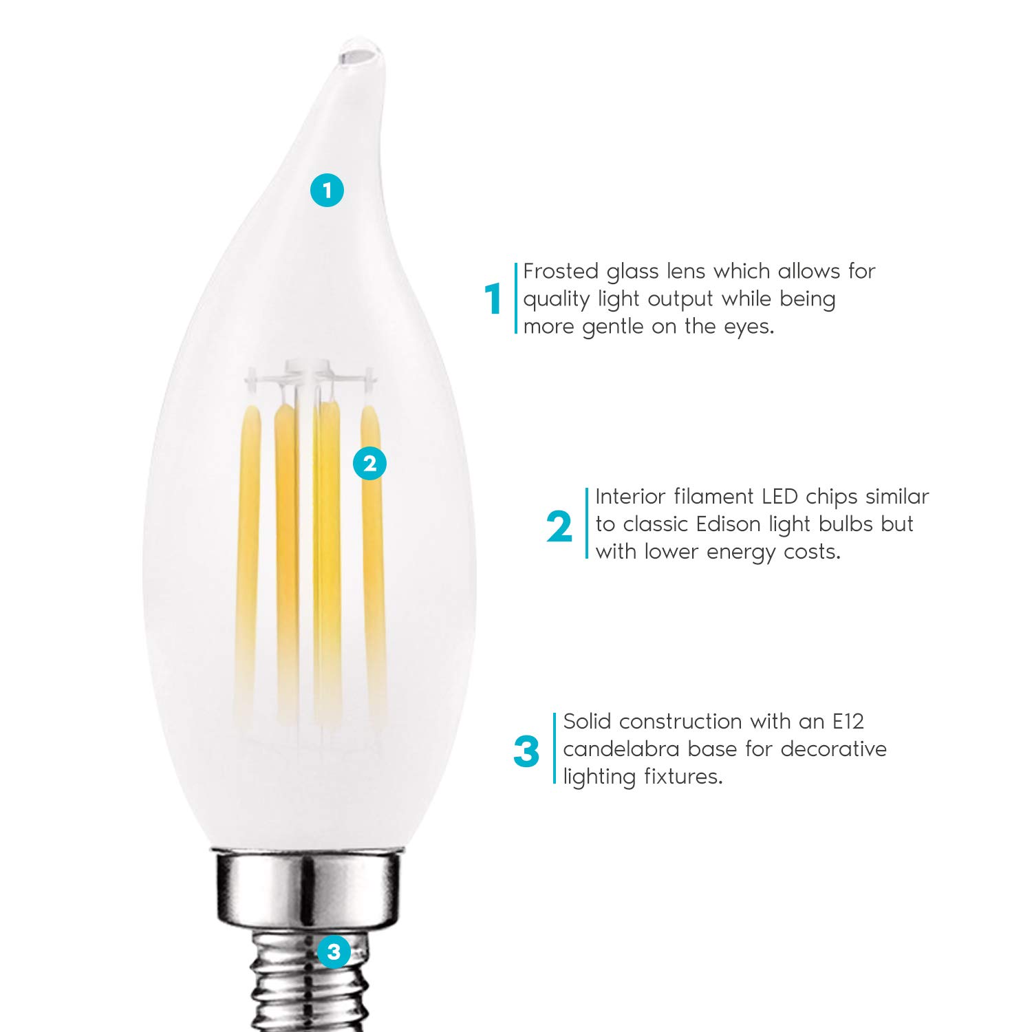 LUXRITE 5W Frosted E12 LED Bulb 60W Equivalent, 2700K Warm White, 450 Lumens, Dimmable Candelabra LED Bulbs, Flame Tip Glass, LED Candle Light Bulbs, UL Listed (6 Pack)