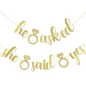 Wedding Decoration|Bachelorette Party Decoration|Gold Glittery Honeycomb Diamond Ring Hang Deco with He Asked She Said Yes Banner Wall Decor for Bridal Shower Engagement Party (HANG DECORATION)