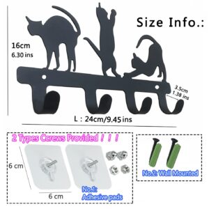 PandS Cute Cat Key Holder Coat Hooks - Decorative Black Metal Wall Hooks with Adhesive Stick On Hooks, Wall Damage Free, 9.45 x 6.3 inches