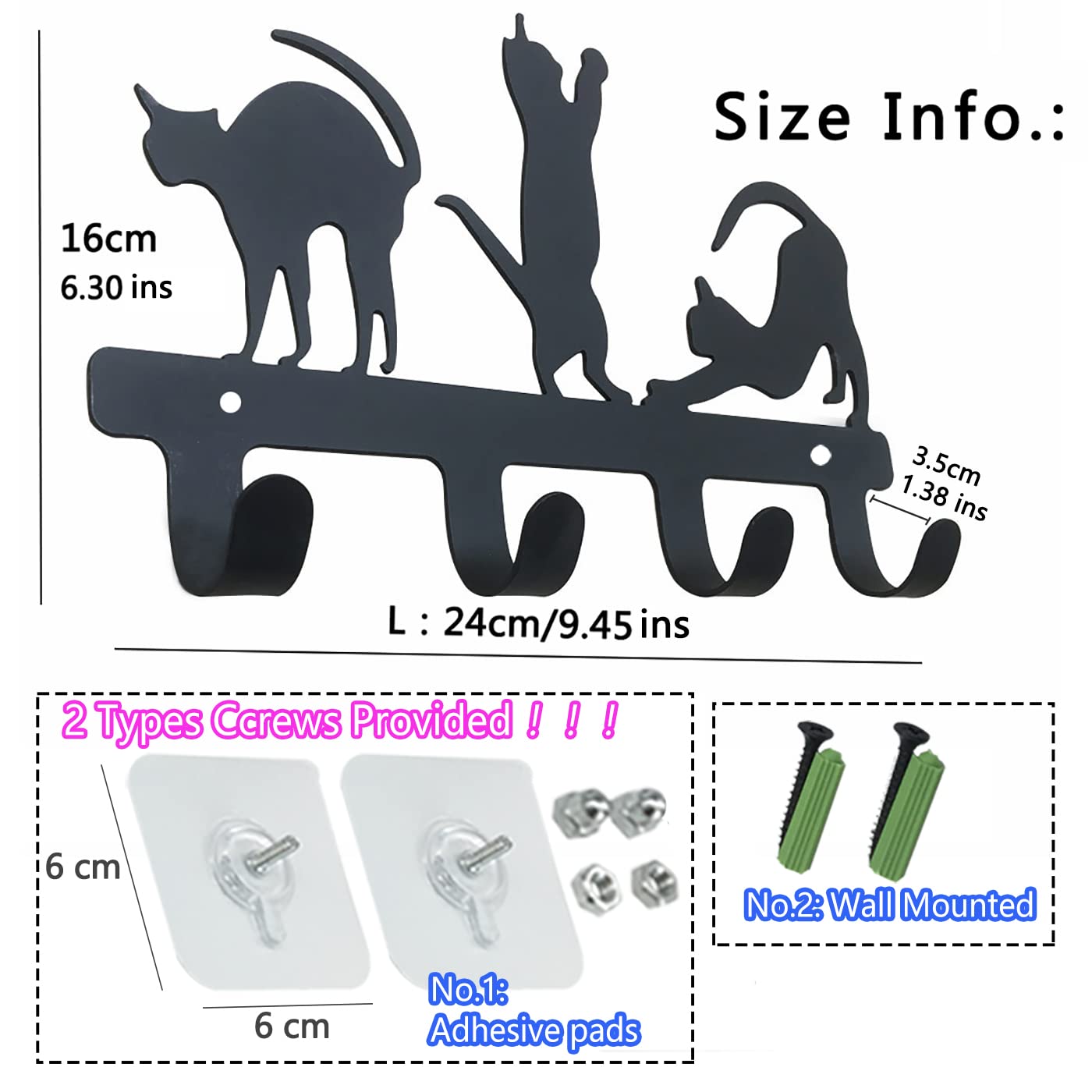 PandS Cute Cat Key Holder Coat Hooks - Decorative Black Metal Wall Hooks with Adhesive Stick On Hooks, Wall Damage Free, 9.45 x 6.3 inches