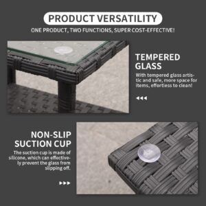 Rattaner Outdoor PE Wicker Rattan Side Table - Patio Rattan Garden Coffee End Square Table with Glass Top-2-layer Table Furniture, Black