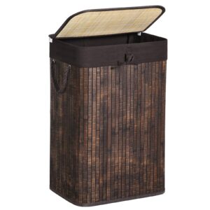 songmics laundry hamper with lid, bamboo laundry basket with liner bag, foldable storage hamper with handles in bedroom closet laundry, 72l, rustic brown ulcb10wn