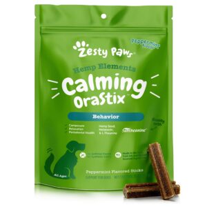 zesty paws orastix for dogs - calming dental sticks for stress with hemp melatonin chamomile dog healthy teeth and gums calm composure for fireworks and thunderstorms - 25oz