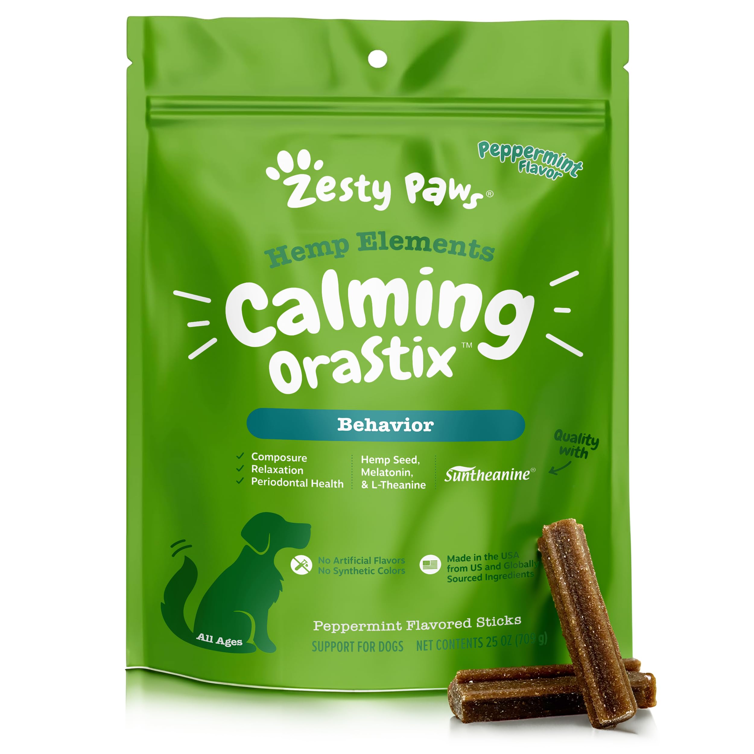 Zesty Paws OraStix for Dogs - Calming Dental Sticks for Stress with Hemp Melatonin Chamomile Dog Healthy Teeth and Gums Calm Composure for Fireworks and Thunderstorms - 25oz