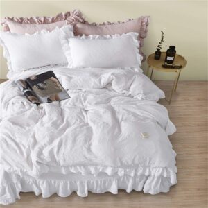 MOOWOO Ruffle Duvet Cover Set, Soft and Breathable Washed Microfiber 3pcs Bedding Set, Shabby Chic Farmhouse Duvet Cover and Pillow Shams, Zipper Closure & Corner Ties, Easy Care -(White, Queen)