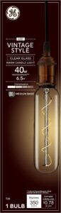 ge vintage style led light bulb, 40 watt, clear finish, t20 tube light bulb (1 pack)