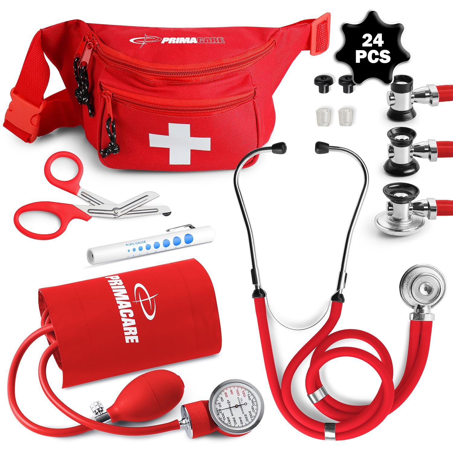 Primacare CSKB-9181-RD Blood Pressure Kit with Sprague Rappaport Stethoscope, Professional Series Fanny Pack Combo, Red (Pack of 24)