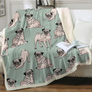 sleepwish pug blankets for kids pug fleece throw blanket cute pug gifts for girls boys soft dog animal sherpa blanket pug blankets and throws for couch adults, green (50" x 60")