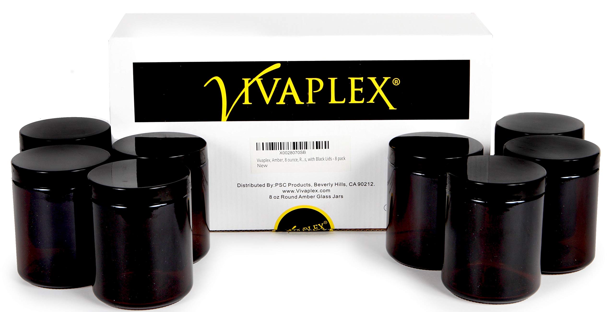 Vivaplex, Amber, 8 ounce, Round Glass Jars, with Black Lids - 8 pack