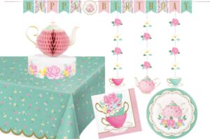 floral themed tea party supplies: bundle includes paper dessert plates & napkins for 16 guests plus a tablecover, centerpiece, hanging coutouts, and happy birthday banner