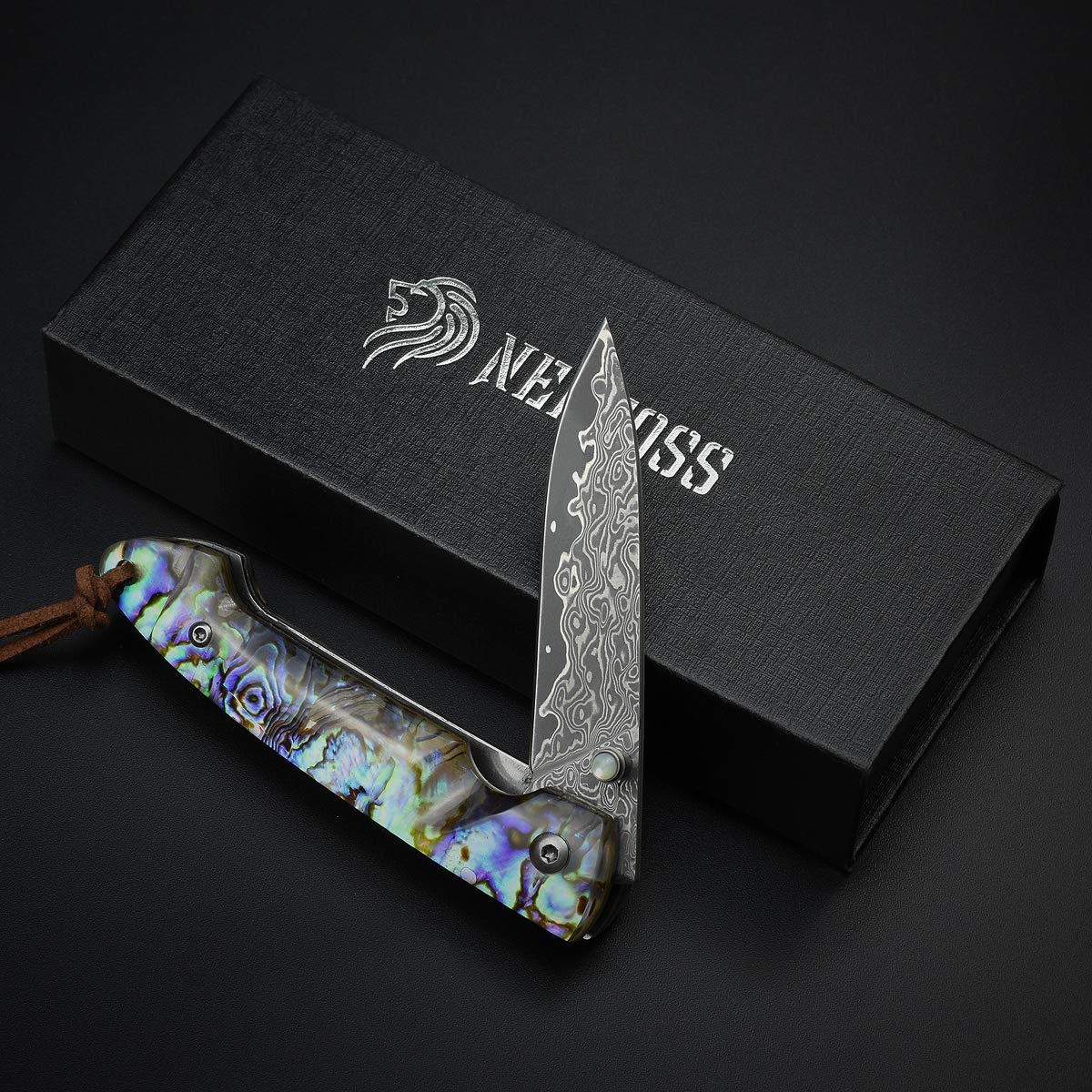 NedFoss Pocket Knife, Damascus Pocket Knife with Abalone Shell Handle, Handmade Forged Damascus Steel Folding Knife with Gift Box, Excellent Gifts for Men Women