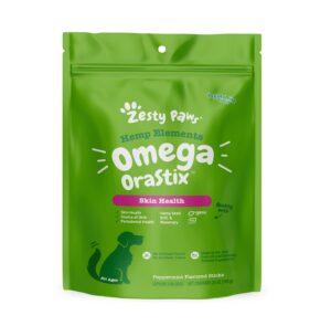 zesty paws orastix for dogs – omega sticks with hemp salmon krill oil bone broth anti itch skin coat care hip & joint health heart immune system support dog tartar teeth cleaning 25oz