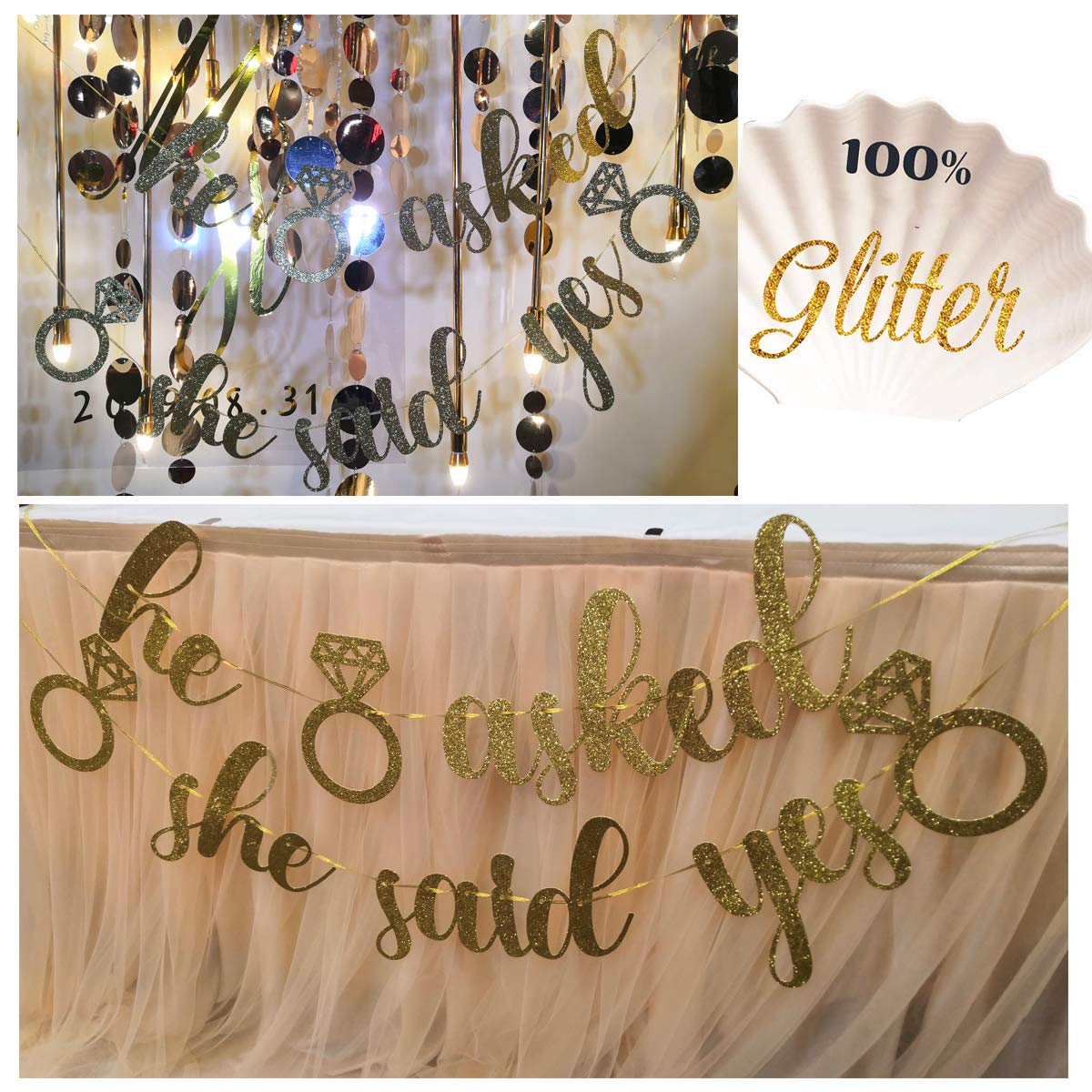 Wedding Decoration|Bachelorette Party Decoration|Gold Glittery Honeycomb Diamond Ring Hang Deco with He Asked She Said Yes Banner Wall Decor for Bridal Shower Engagement Party (HANG DECORATION)