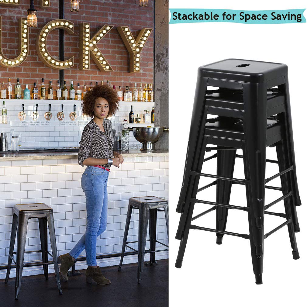 Bar Stools, Counter Indoor-Outdoor Stackable Metal Bar Stools Set of 2 Backless 24 Inch Restaurant Kitchen Dining Chairs Patio Bistro Pub Trattoria Tolix Industrial Stools Hold Up to 300Lbs, Black