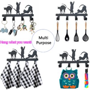 PandS Cute Cat Key Holder Coat Hooks - Decorative Black Metal Wall Hooks with Adhesive Stick On Hooks, Wall Damage Free, 9.45 x 6.3 inches