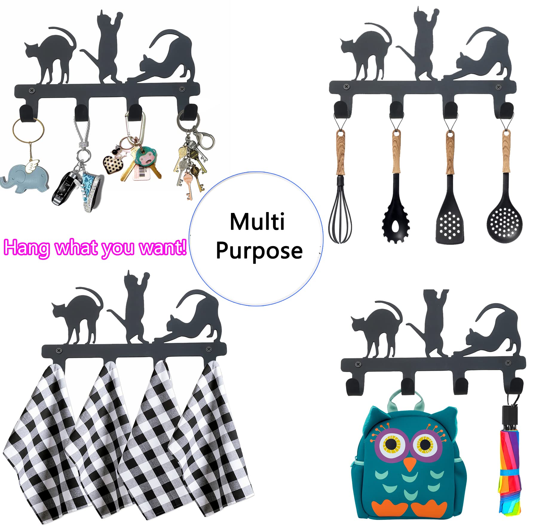 PandS Cute Cat Key Holder Coat Hooks - Decorative Black Metal Wall Hooks with Adhesive Stick On Hooks, Wall Damage Free, 9.45 x 6.3 inches