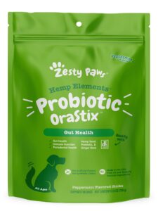 zesty paws orastix for dogs - probiotic sticks with hemp seed curcumin ginger root taurine - supports gut function flora immune system proprietary healthy teeth gum blend - 25oz