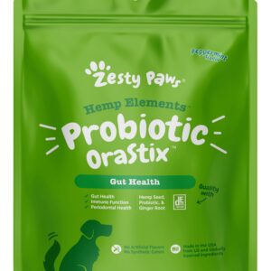 Zesty Paws OraStix for Dogs - Probiotic Sticks with Hemp Seed Curcumin Ginger Root Taurine - Supports Gut Function Flora Immune System Proprietary Healthy Teeth Gum Blend - 25oz