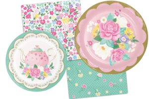 floral themed tea party supply pack bundle includes paper plates & napkins for 8 guests