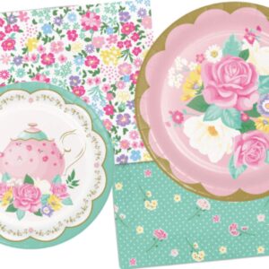 Floral Themed Tea Party Supply Pack Bundle Includes Paper Plates & Napkins for 8 Guests