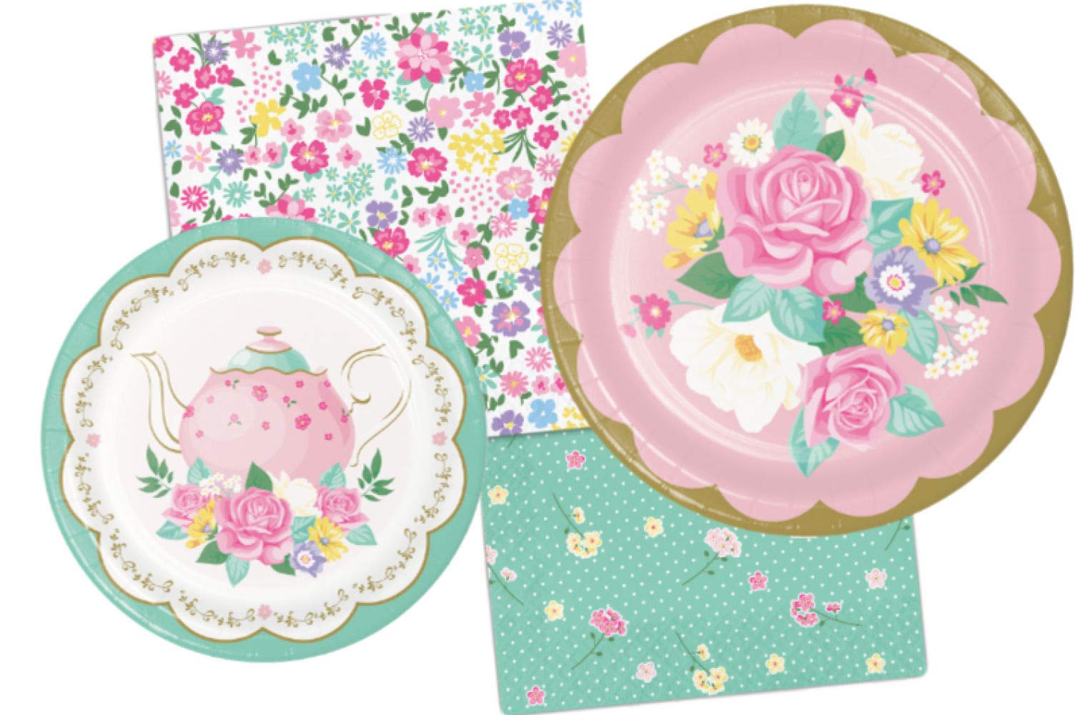 Floral Themed Tea Party Supply Pack Bundle Includes Paper Plates & Napkins for 8 Guests