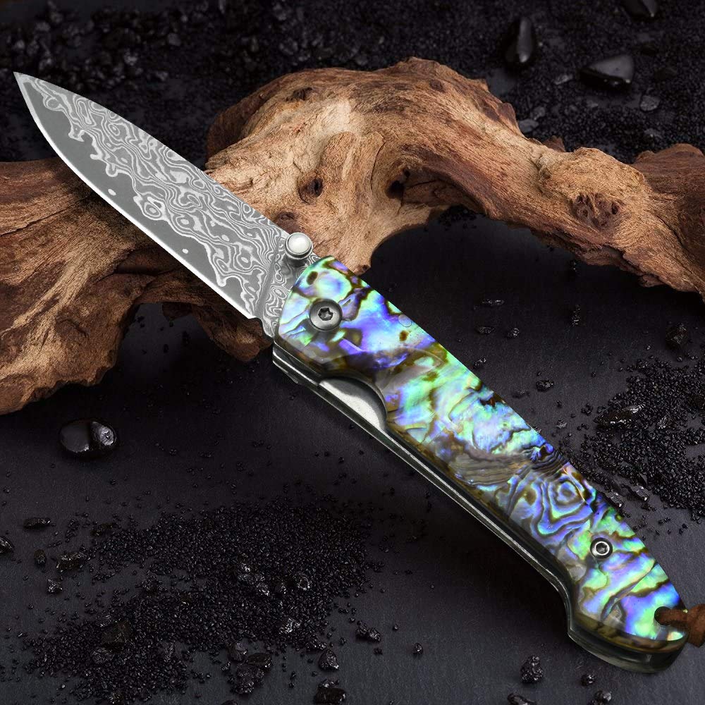 NedFoss Pocket Knife, Damascus Pocket Knife with Abalone Shell Handle, Handmade Forged Damascus Steel Folding Knife with Gift Box, Excellent Gifts for Men Women