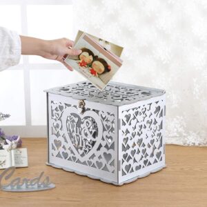 Artmag Wedding Money Box Holder with Sign, Large Rustic Wood Wooden DIY Envelop Gift Card Boxes with Lock Slot for Reception Anniversary Graduation Birthday Parties Baby Shower (Mr & Mrs, Silver)