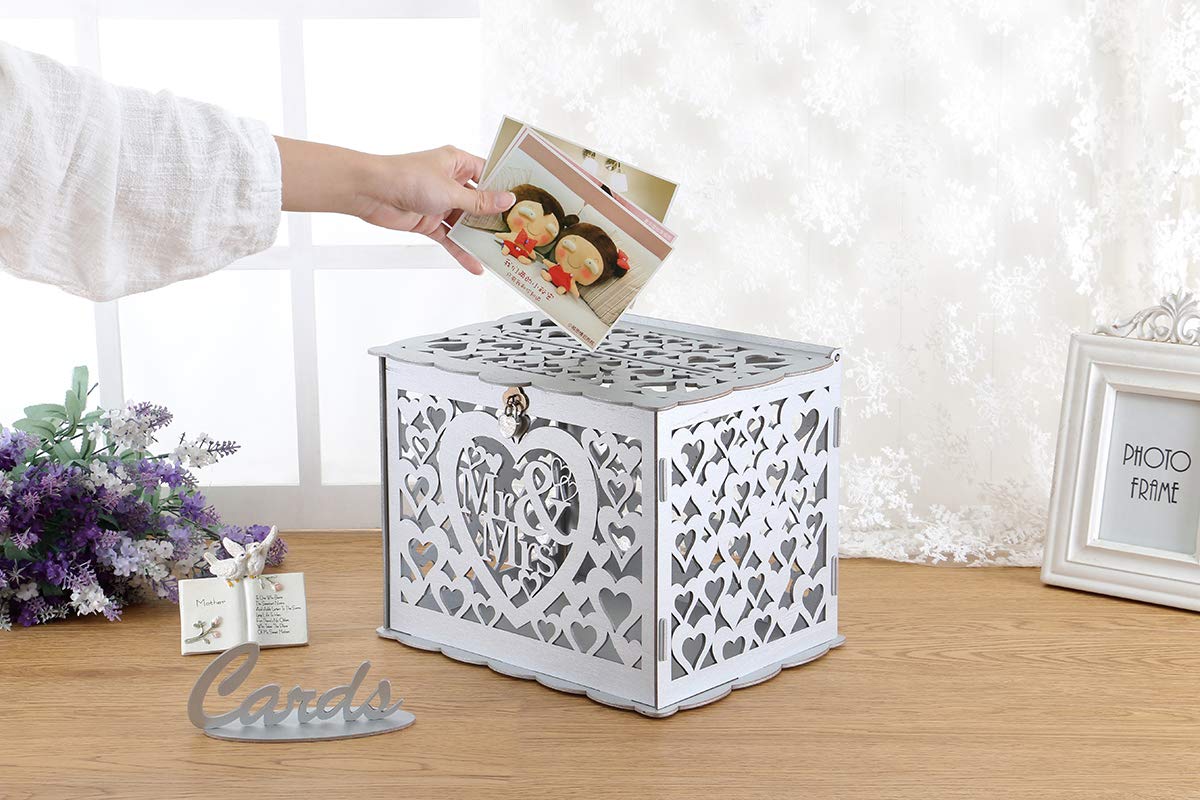 Artmag Wedding Money Box Holder with Sign, Large Rustic Wood Wooden DIY Envelop Gift Card Boxes with Lock Slot for Reception Anniversary Graduation Birthday Parties Baby Shower (Mr & Mrs, Silver)