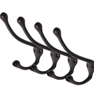 Vintage Cast Iron Wall Hooks (Black Texture Finish, Set of 4) - Rustic, Farmhouse Coat Hooks | Great for Coats, Bags, Towels, Hats | Classic Standard