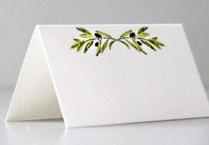 nancy nikko place cards with green leafy olive branch for weddings, showers, and dinner parties. table tent style, scored for easy folding. available in pkgs of 12/25 / 50 (50)