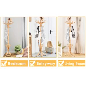 Tangkula 75.5" Standing Coat Rack, Wood Coat Tree with 12 Hooks, Home Hat Jacket Hanger Tree 12 with Umbrella Holder Coat Stand (Oak)