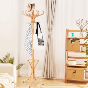 Tangkula 75.5" Standing Coat Rack, Wood Coat Tree with 12 Hooks, Home Hat Jacket Hanger Tree 12 with Umbrella Holder Coat Stand (Oak)