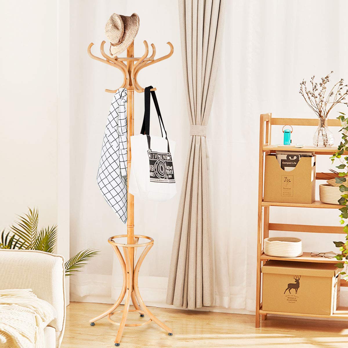 Tangkula 75.5" Standing Coat Rack, Wood Coat Tree with 12 Hooks, Home Hat Jacket Hanger Tree 12 with Umbrella Holder Coat Stand (Oak)