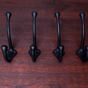 Vintage Cast Iron Wall Hooks (Black Texture Finish, Set of 4) - Rustic, Farmhouse Coat Hooks | Great for Coats, Bags, Towels, Hats | Classic Standard