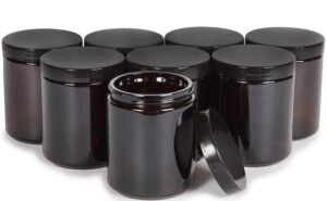 vivaplex, amber, 8 ounce, round glass jars, with black lids - 8 pack