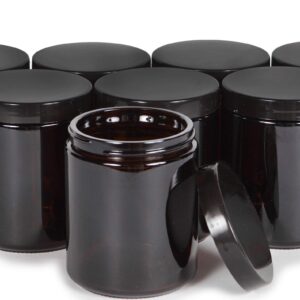 Vivaplex, Amber, 8 ounce, Round Glass Jars, with Black Lids - 8 pack