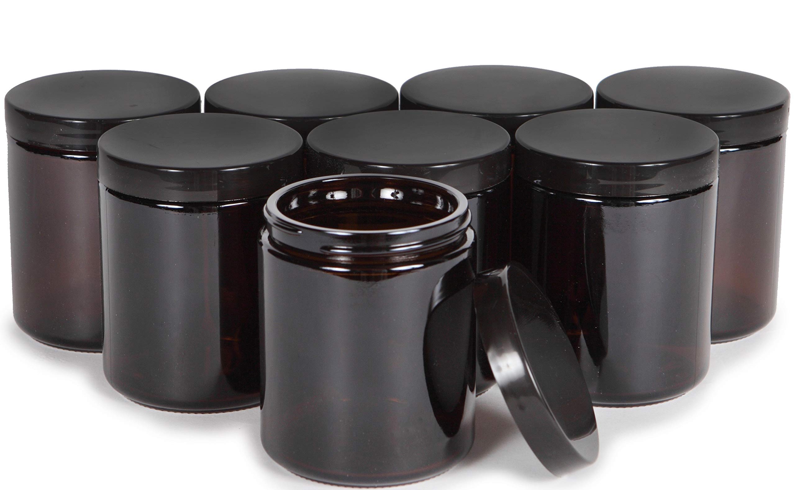 Vivaplex, Amber, 8 ounce, Round Glass Jars, with Black Lids - 8 pack